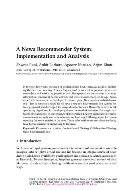 Pdf A News Recommender System Implementation And Analysis
