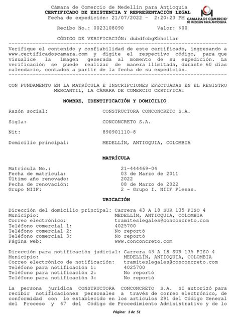 Certificado De Existencia Y Representacion Legal Constructora
