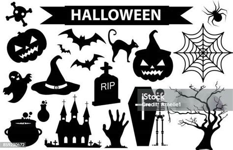 해피 할로윈 아이콘 집합 검은 실루엣 스타일입니다 흰색 배경에 고립 할로윈 호박 거미 좀비 해골 관 박쥐와 디자인 요소의 컬렉션입니다 벡터 일러스트입니다 0명에 대한 스톡