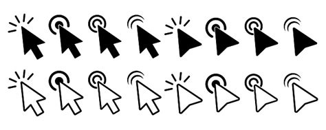 흰색 배경에 커서 아이콘 집합입니다 컴퓨터 마우스 클릭 검은 색 아이콘 여기를 클릭하고 터치하고 누르고 컴퓨터 커서를 밀어 넣습니다 고름에 대한 스톡 벡터 아트 및 기타