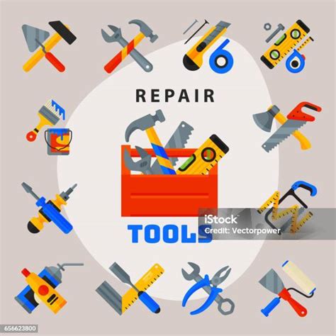 건설 장비를 작동 하는 집 수리 도구 아이콘 설정 및 서비스 노동자 Macter 상자 평면 스타일 흰색 배경 벡터 일러스트 레이 션에 고립 공구상자에 대한 스톡 벡터 아트