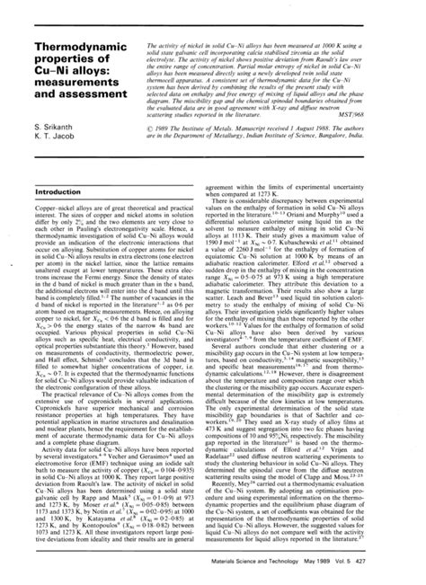 Pdf Thermodynamic Properties Of Cu Ni Alloys Measurements And Assessment