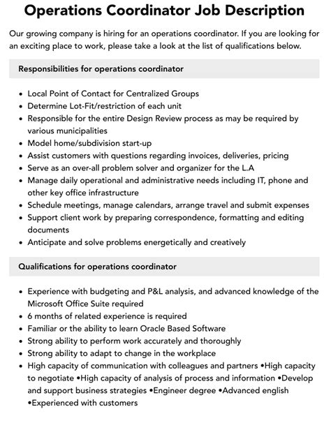 Operations Coordinator Job Description Velvet Jobs