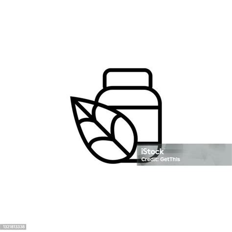 잎 검은 색 라인 아이콘과 의학 화장품 병 또는 유리병 약국 또는 마약 모형 추상적 인 디자인 에 대한 격리 된 기호 일러스트