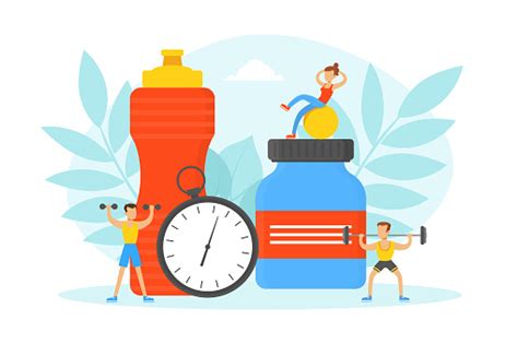 스포츠 장비 및 영양 보충제 피트니스 클래스 건강한 라이프 스타일 컨셉 벡터 일러스트레이션을 갖춘 체육관에서 운동을 하는 작은