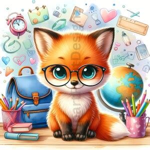 Cute Back To School Foxes Clipart Bundle Watercolor Fox Clip Art
