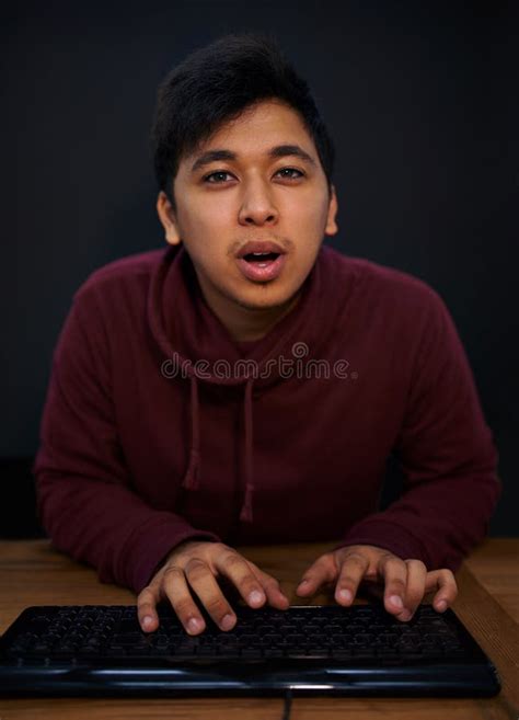 Man Face And Keyboard For Coding Programmer And Information
