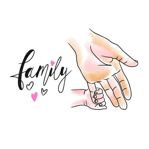 Inscription Manuscrite Familiale Dessin Animé Main Denfant Tient La Main Dun Adulte Vecteur