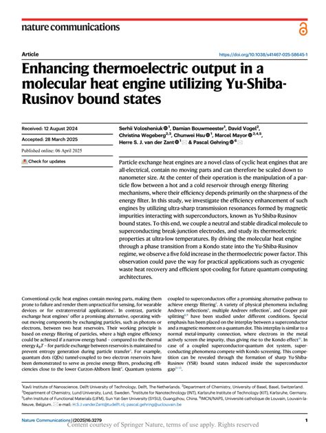 Pdf Enhancing Thermoelectric Output In A Molecular Heat Engine Utilizing Yu Shiba Rusinov