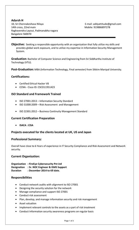 Adarsh Resume Iso27001 Doc It And Internet Support Internet