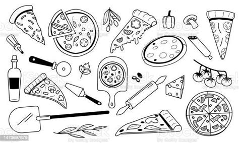 낙서 피자 이탈리아 음식 개요 스케치 페퍼로니 버섯 치즈 토마토 올리브 오일 및 피자 반죽 재료 컬렉션 벡터 레스토랑 메뉴 그래픽 세트 슬라이스에 대한 스톡 벡터 아트 및
