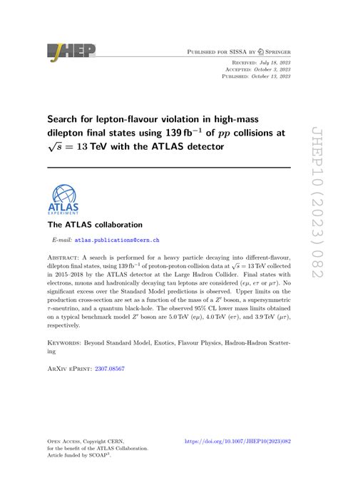 Pdf Search For Lepton Flavour Violation In High Mass Dilepton Final States Using 139 Fb−1 Of