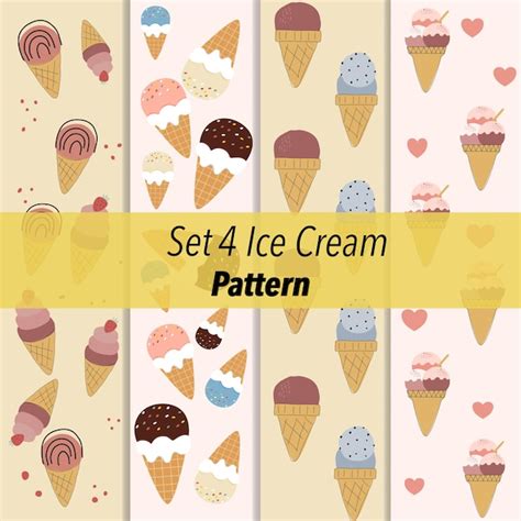 서로 다른 디자인의 네 가지 다른 아이스크림 콘 패턴의 세트 프리미엄 벡터