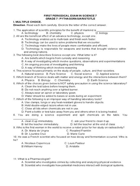 Science Exam Questions Covering Pythagoras Aristotle And Key Concepts