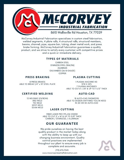Mc Mccorvey Industrial Fabrication Mccorvey Sheet Metal Works Lp