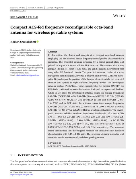 Compact Acs‐fed Frequency Reconfigurable Octa‐band Antenna For Wireless Portable Systems