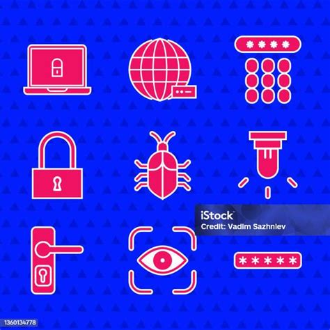 시스템 버그 개념 눈 스캔 암호 보호 모션 센서 도어 핸들 잠금 및 랩톱 잠금 아이콘을 설정합니다 벡터 개념에 대한 스톡 벡터 아트 및 기타 이미지 Istock