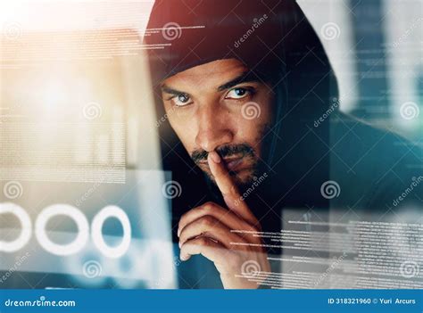 Portrait Hacking And Man With Laptop Hologram Or Serious With Internet Code Or Cyber Security