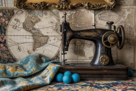 The Sewing Machine Stands On A Fabric With A World Map Pattern