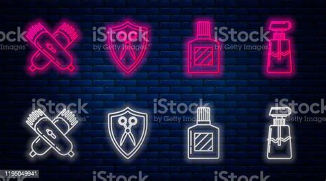 설정 라인 가위 미용사 및 방패 애프터 면도 교차 전기 헤어 클리퍼 또는 면도기 와 크림 또는 로션 화장품 튜브 벽돌 벽에 빛나는 네온 아이콘입니다 벡터 라인아트에 대한