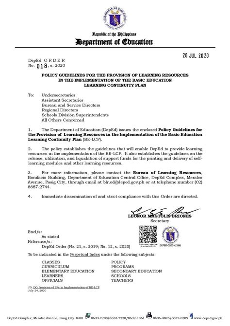 The Department of Education has issued DepEd Order No. 018, s. 2020 or the Policy Guidelines for ...