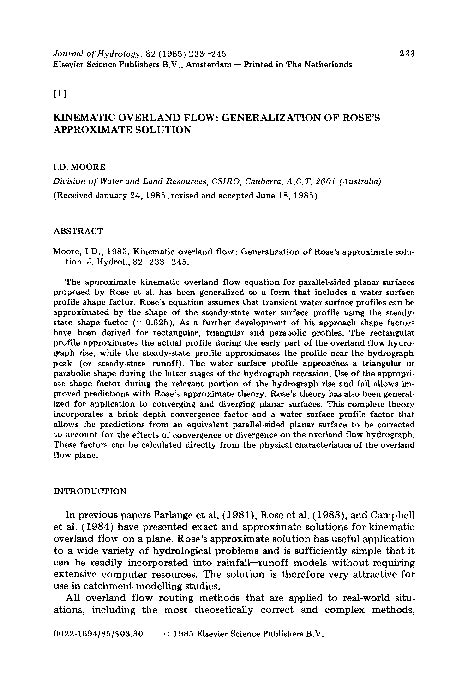 Pdf Kinematic Overland Flow Generalization Of Roses Approximate Solution