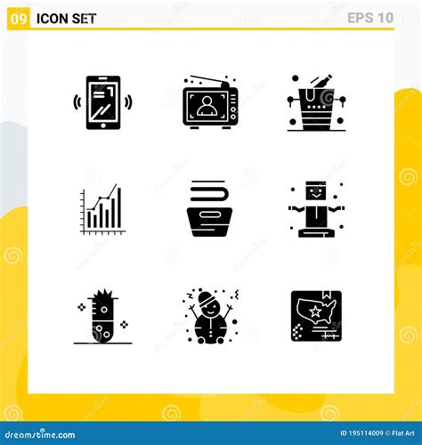 Set Of 9 Vector Solid Glyphs On Grid For Statistics Diagram Bucket Business Graph Stock
