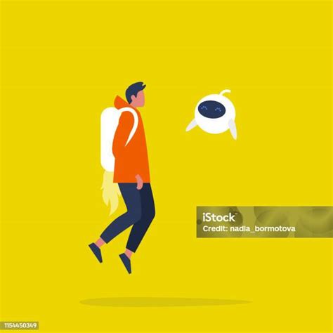 혁신 개념입니다 젊은 남성 캐릭터 제트 팩 비행 공중에 귀여운 로봇 호버 링 현대 기술 플랫 편집 가능한 벡터 일러스트 클립 아트 제트 팩에 대한 스톡 벡터 아트 및 기타