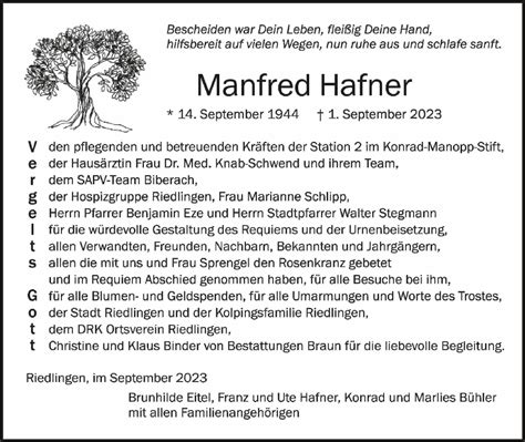 Traueranzeigen Von Manfred Hafner Schwaebische De Trauerportal