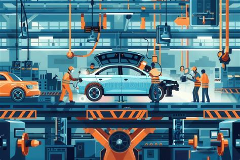 A Colorful Illustration Of A Car Factory Assembly Line With Workers Welding And Assembling Car