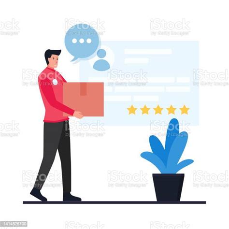 택배기사는 리뷰와 함께 모바일 화면 옆에 서있는 패키지를 운반합니다 고객에 대한 스톡 벡터 아트 및 기타 이미지 고객 고객