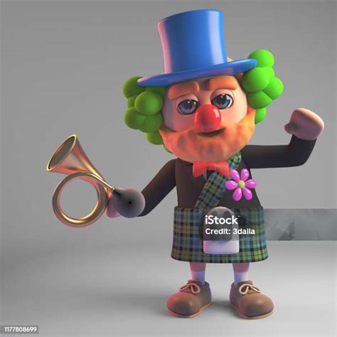재미 만화 3d 스코틀랜드 사람 에 킬트 착용 A 광대 빨간 코 와 들고 늙은 자동차 경적 3d 그림 3차원 형태에 대한 스톡 사진 및 기타 이미지 Istock