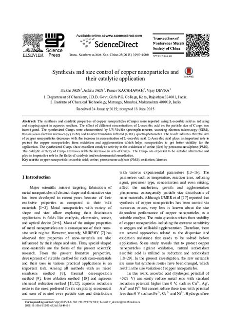 Pdf Synthesis And Size Control Of Copper Nanoparticles And Their