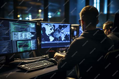 Software Developer And A Man At Computer For Coding Script Or Cyber Security In Office Premium