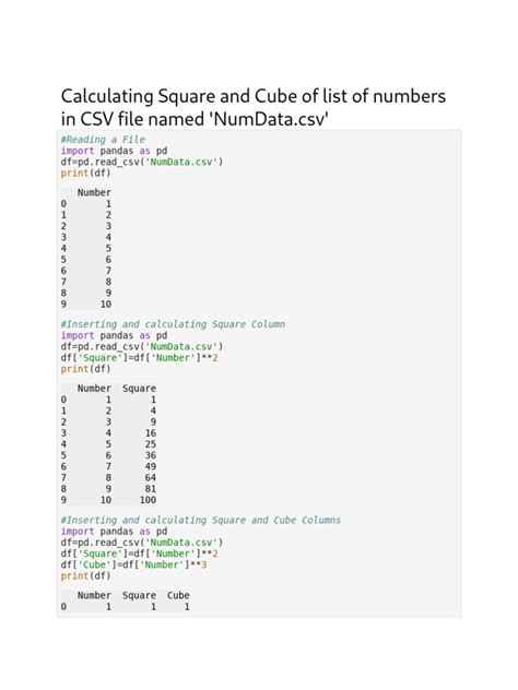 Week 13 2 Calculating Square And Cube Of List Of Numbers In Csv File Pdf