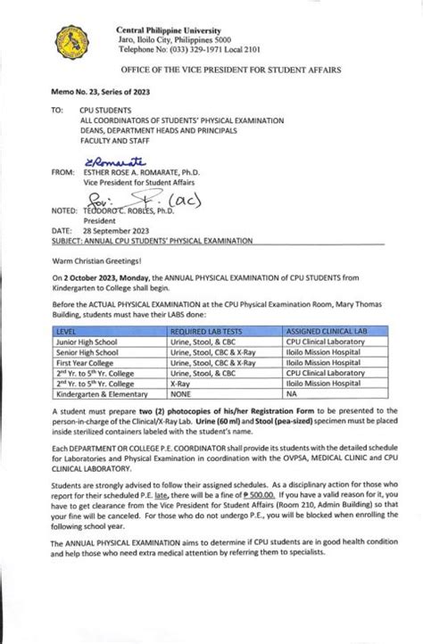 OVPSA Memo Annual CPU Babe S Physical Examination Central