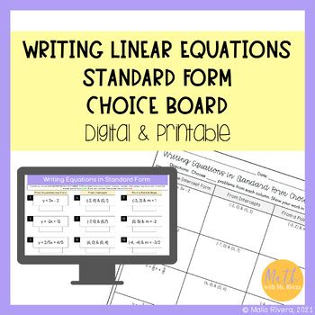 Writing Linear Equations In Standard Form Digital And Printable Choice Board