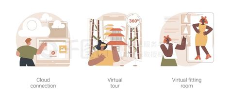 3d网页ui 在线数据传输和虚拟体验抽象概念向量插图集。云连接、虚拟旅游、虚拟试衣间、互联网连接、网络 3d 旅游抽象隐喻。在线数据传输和虚拟体验抽象概念矢量插图。 模板免费下载 Eps格式