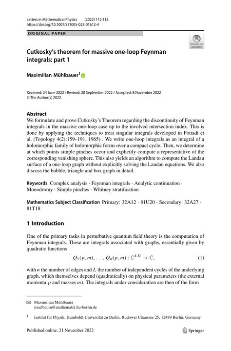 pdf cutkosky s theorem for massive one loop feynman integrals part 1