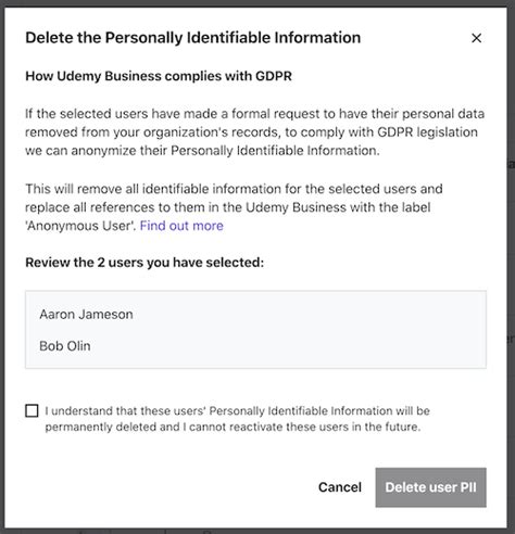 how to delete or anonymize a user s personal identifiable information