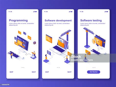 소프트웨어 개발 isometric gui 설계 키트 모바일 앱용 소프트웨어 엔지니어링 프로그래밍 및 테스트 템플릿 등측투영법에