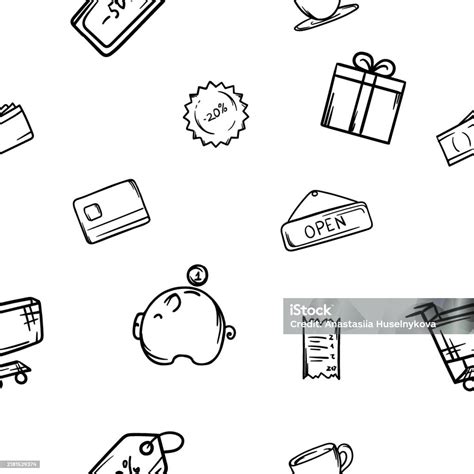 간단한 흑백 완벽 한 패턴 선물 돼지 저금통 할인 및 신용 카드 상점 디자인 포장지 진열장을 위한 벡터 배경 쇼핑 블랙 프라이데이 세일 관련 아이콘 가격에 대한 스톡 벡터