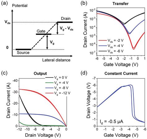 a schematic illustration of source drain and gate potential within a