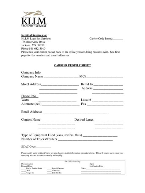 Kllm Carrier Profile Sheet Form Fill Online Printable Fillable