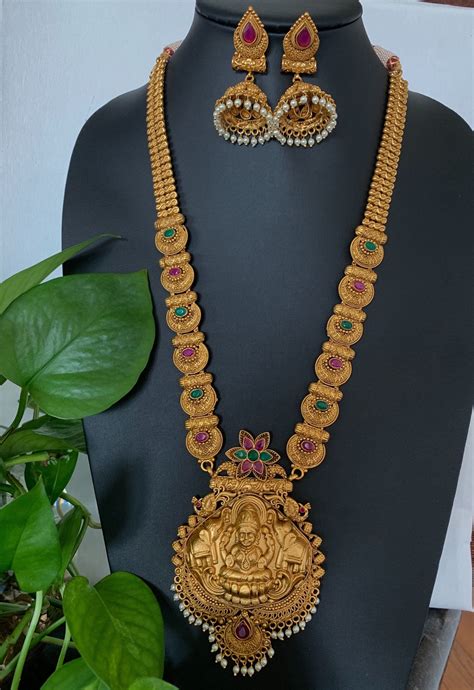 Antique Gold Finish Lakshmi Long Haram Goddess Lakshmi Set With