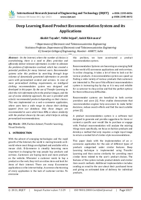 pdf irjet deep learning based product recommendation system and its
