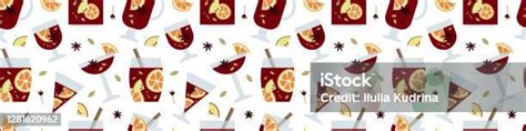 감귤류 과일 사과 계피 정향 카다몸 아니스와 크리스마스 멀드 레드 와인 Sangria 겨울 뜨거운 음료 전통적인 색소마 음료 벡터 원활한 패턴 플랫 만화 스타일 0명에 대한