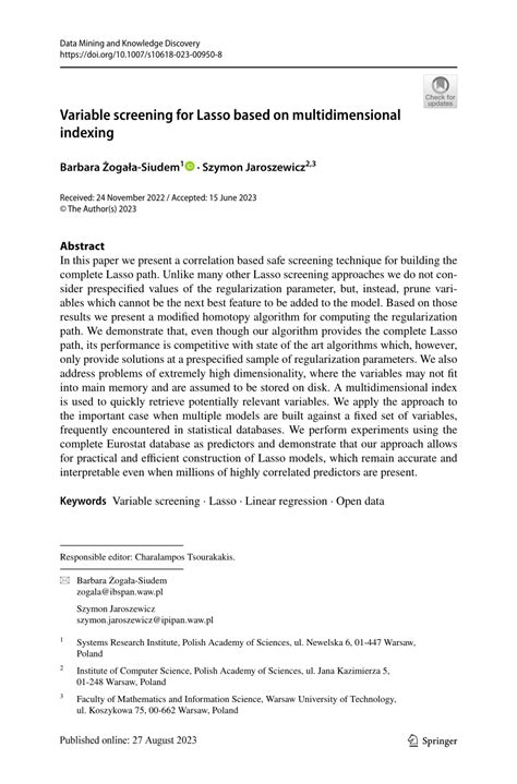 Pdf Variable Screening For Lasso Based On Multidimensional Indexing