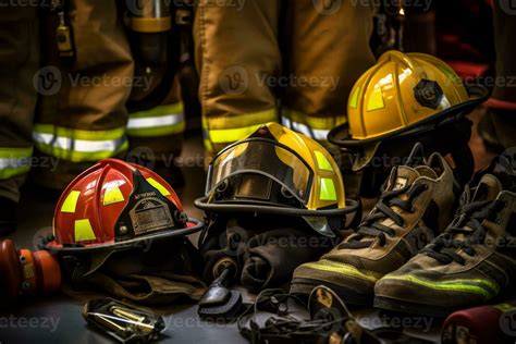 Close Up Image Of A Firefighters Gear Focusing On Their Helmet