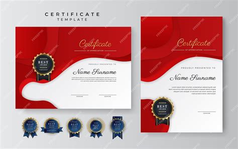 수상 비즈니스 및 교육 요구에 대한 고급 배지와 현대적인 라인 패턴이 있는 성취 테두리 템플릿의 빨간색 및 금색 인증서